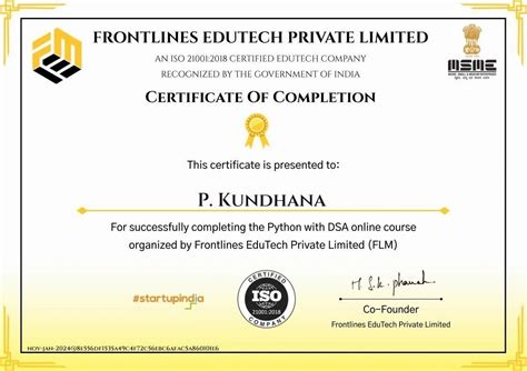Completion Of Python With Dsa Course Kundhana Pidugu Posted On The