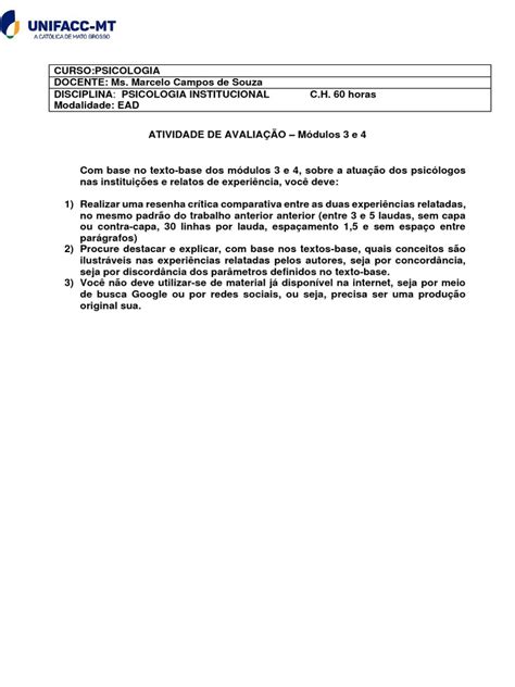 2 psicologia institucional atividade de avaliação módulos 3 e 4 2024 1