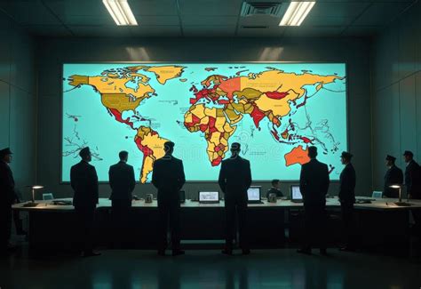 Strategic Planning Session In Command Center With World Map Display Highlighting Various Regions