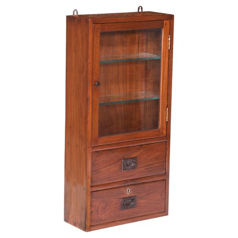 Teak Wood Glass Front Wall Cabinet With Shelves And Drawers For Sale At