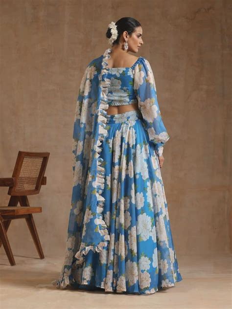 Blue Floral Organza Lehenga Set Ruffle Dupatta And Ruched Blouse