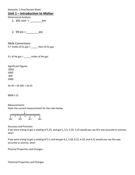Chemistry Semester Final Review Sheet