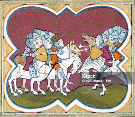 중세 군사 역사 말을 타고 창으로 무장한 전투에 나서는 기사 14세기 삽화 후 14세기에 대한 스톡 벡터 아트 및 기타 이미지 14세기 Theatrical