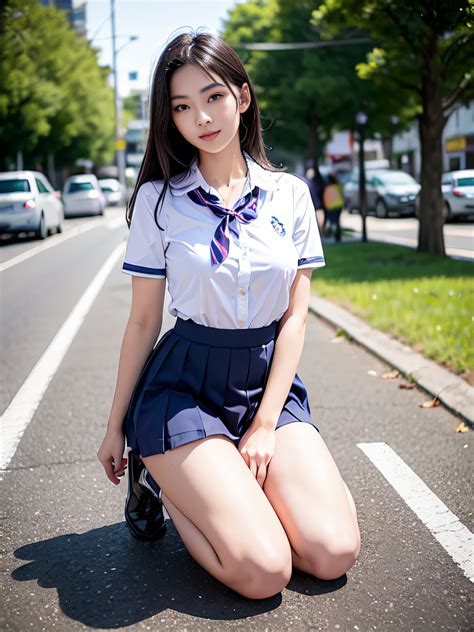 Arafed Asian Woman In Uniform Sitting On The Street Seaart Ai
