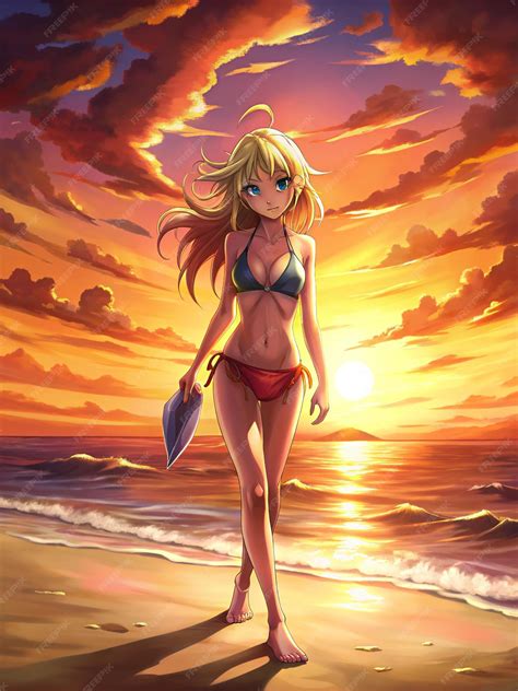 Anime Girl Enjoying Summer In A Stylish Bikini Illustration Premium