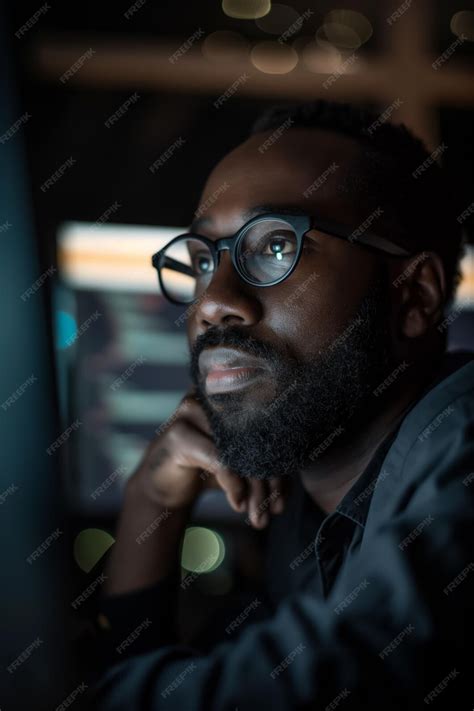 Focused African American Software Developer Coding On Computer At Night