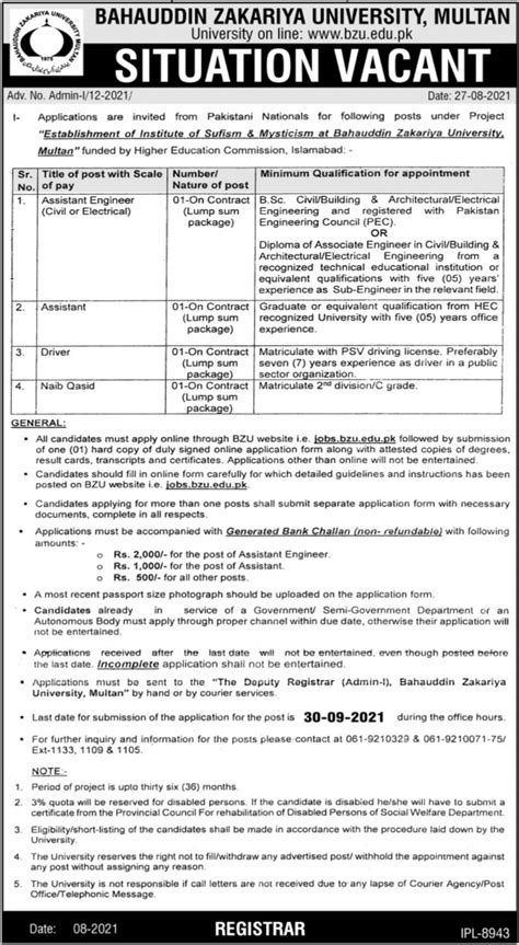 Bahauddin Zakariya University Bzu Jobs 2021 In Multan Prepistan Jobs