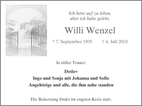 Traueranzeigen Von Willi Wenzel Trauer In NRW De