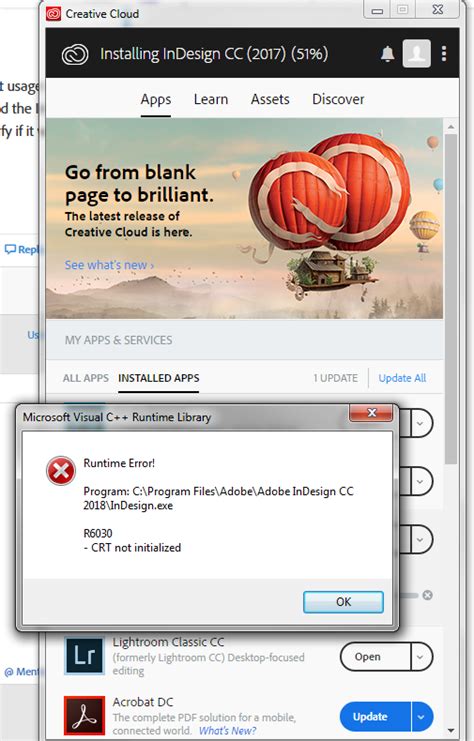 re r6030 runtime error launching indesign after u adobe community