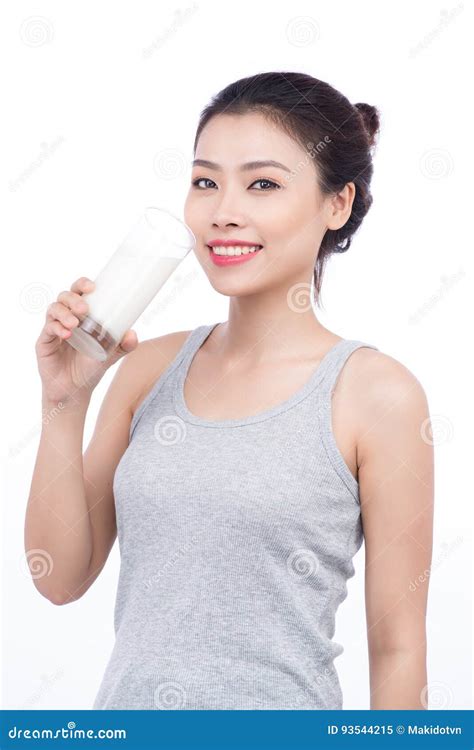Healthy Nutrition Happy Young Asian Woman Drinking Milk Stock Image