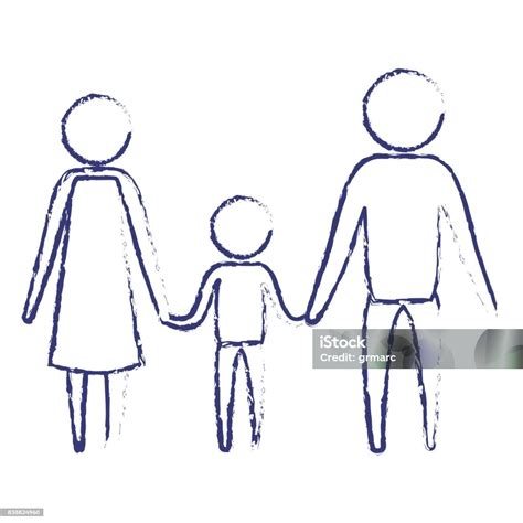 흐리게 블루 실루엣의 옷에 손을 잡고 아이와 그림 문 부모 가족에 대한 스톡 벡터 아트 및 기타 이미지 가족 개체 그룹