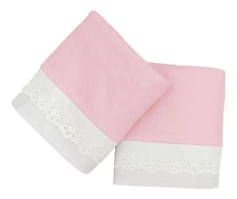 Kit Fronhas Malha x cm Algodão Bordado Inglês Rosa Parcelamento sem juros