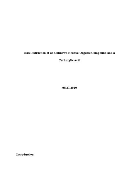 Ochem Lab 3 Base Extraction Report Base Extraction Of An Unknown Neutral Organic Compound And