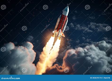 Generative Ai Image Of Spaceship Rocket Flying In Blue Sky With Hot Fire Flame Stock