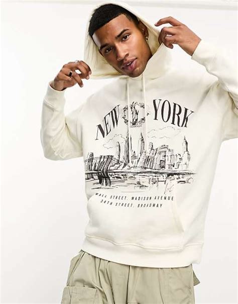 Asos Design Oversized Hoodie In Off White With New York City Skyline