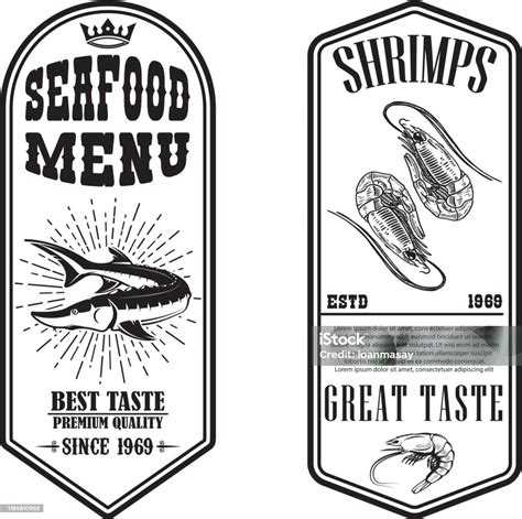 새우와 생선 일러스트가 있는 해산물 전단지 세트 포스터 배너 기호 엠블럼에 대한 디자인 요소 벡터 일러스트레이션 랍스터 해산물에 대한 스톡 벡터 아트 및 기타 이미지