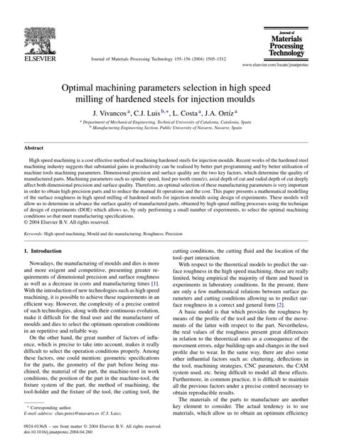 Pdf Optimal Machining Parameters Selection In High Speed Milling Of Hardened Steels For