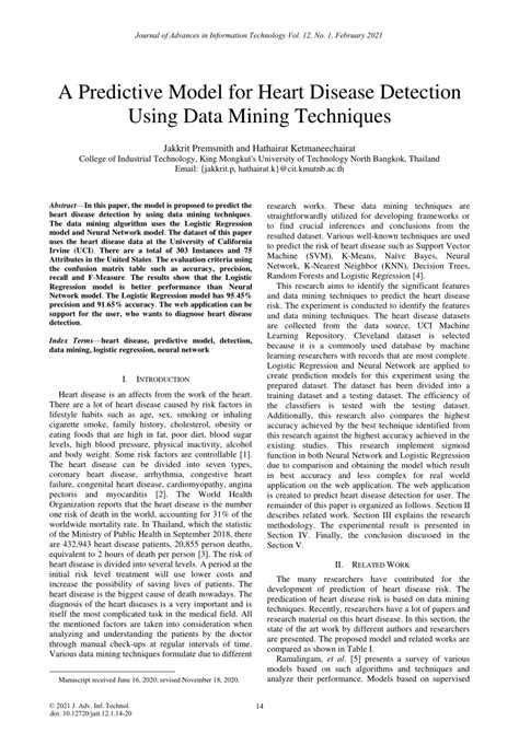 Pdf A Predictive Model For Heart Disease Detection Using Data Mining Techniques
