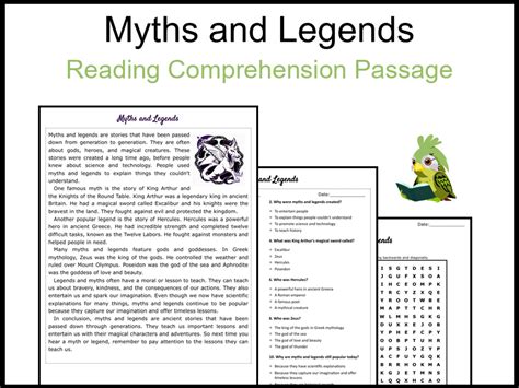 Myths And Legends Reading Comprehension And Word Search Teaching Resources
