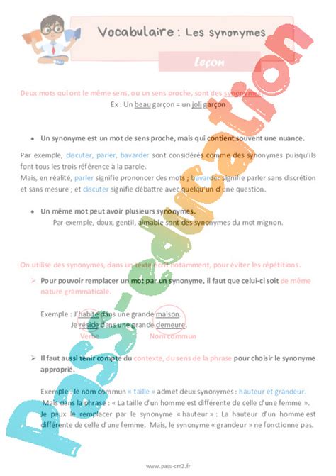 Les synonymes Leçon de vocabulaire pour le cm Cycle PDF à imprimer