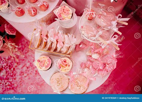 Top View Candy Bar For The Girl S Birthday Party Pink Decor Stock