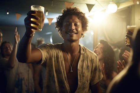 Premium Ai Image Shot Of A Man Holding Up His Beer At A Party Created With Generative Ai