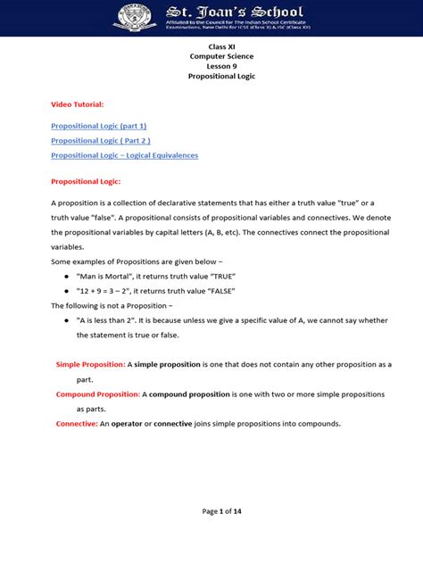 Class Xi Computer Science Lesson 9 Propositional Logic Session 2024 25 Pdf Logic
