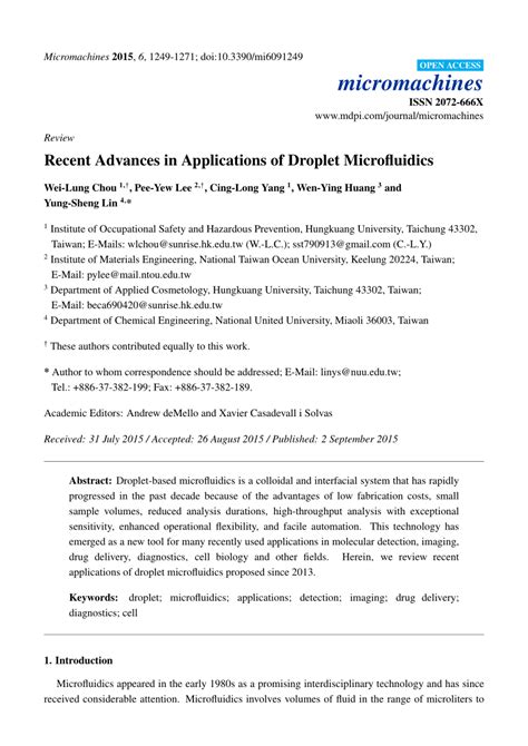 Pdf Recent Advances In Applications Of Droplet Microfluidics