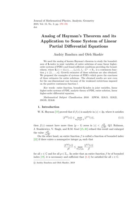 Pdf Analog Of Haymans Theorem And Its Application To Some System Of Linear Partial Di