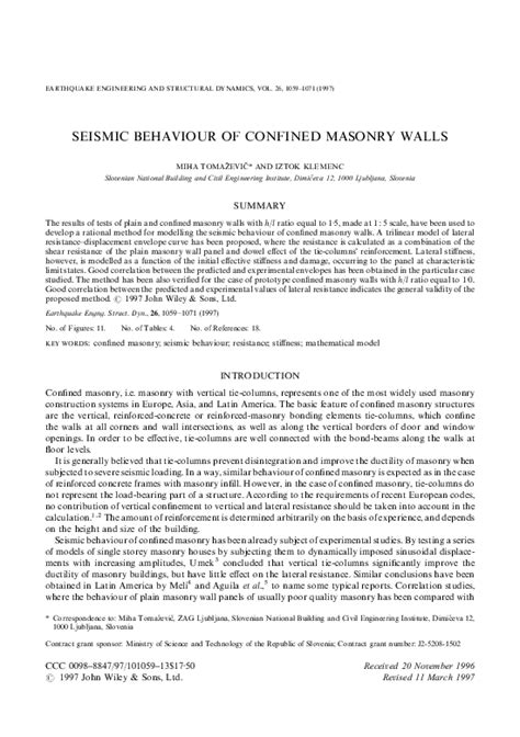 Pdf Seismic Behaviour Of Confined Masonry Walls