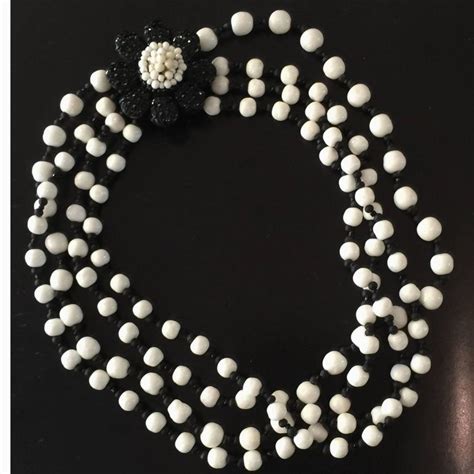 Miriam Haskell 4 Strand Milk White Glass Black Bead Florette Detailed