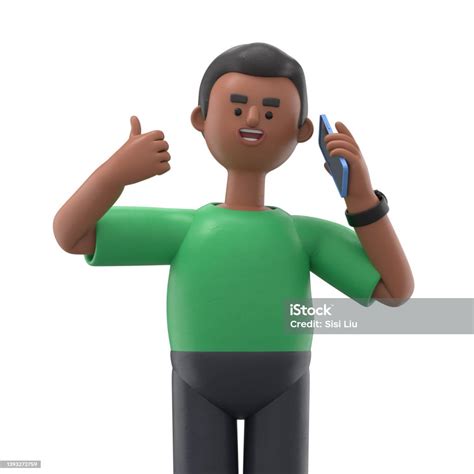 웃는 아프리카 계 미국인 남자 데이비드가 전화로 전화하는 3d 그림 커뮤니케이션 대화 지원 개념 만화 최소 스타일3d 흰색