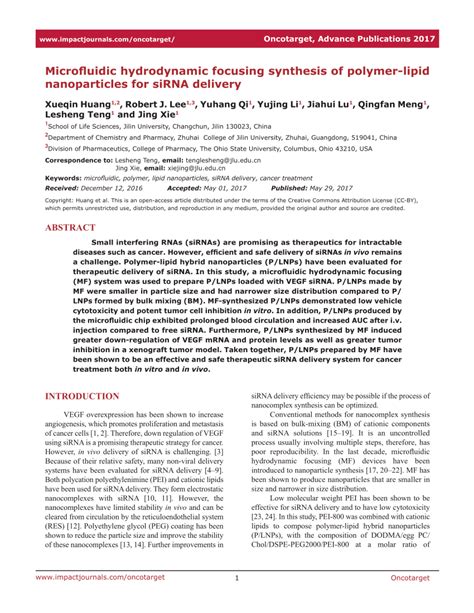 Pdf Microfluidic Hydrodynamic Focusing Synthesis Of Polymer Lipid Nanoparticles For Sirna Delivery