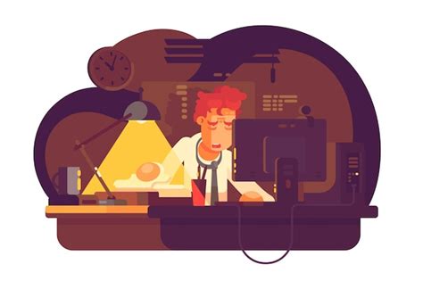 Уставший мужчина работает в ночном офисе Премиум векторы