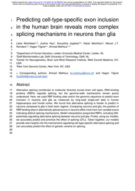 PDF Predicting Cell Type Specific Exon Inclusion In The Human Brain Reveals More Complex