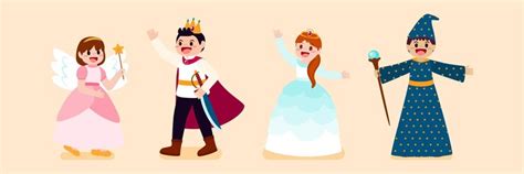 귀여운 작은 각도 마법사 왕자와 공주의 컬렉션입니다 동화 테마 벡터 일러스트 레이 션을 입은 행복한 아이들의 번들 무료 벡터