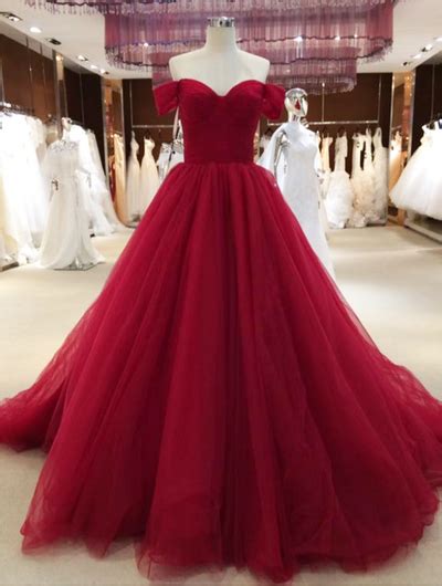 Off The Shoulder Ball Gown Long Tulle Prom Dress Long Tulle Ball Gown Red Elegant Evening Dress