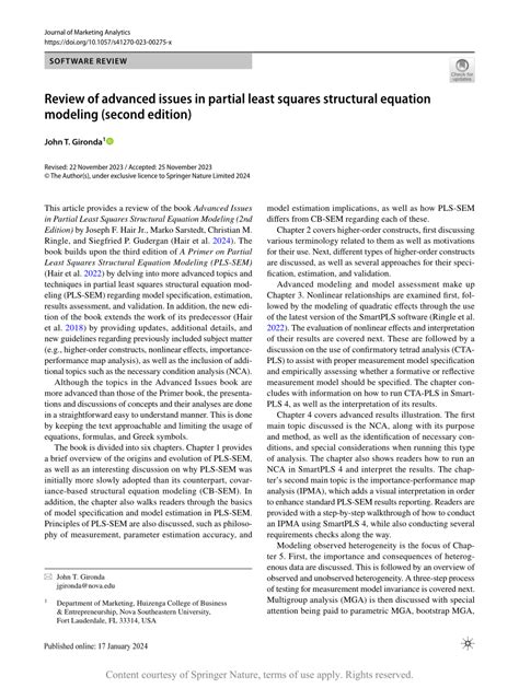 Review Of Advanced Issues In Partial Least Squares Structural Equation