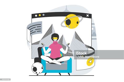 웹을 위한 플랫 디자인에 있는 사람들 장면이 있는 가상 현실 개념 Vr 헤드셋을 착용한 남자가 우주 시뮬레이션을 탐험하고 배우고 있다 소셜 미디어 배너 마케팅 자료에 대한