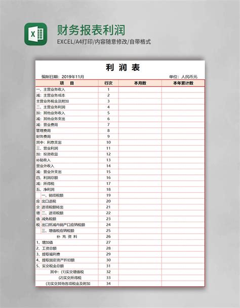 财务报表利润表excel模板 Excel表格 【ovo图库】