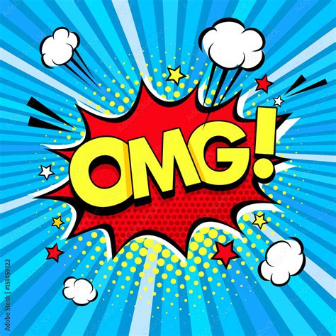 Comic speech bubble with expression text OMG!, stars and clouds. Vector ...