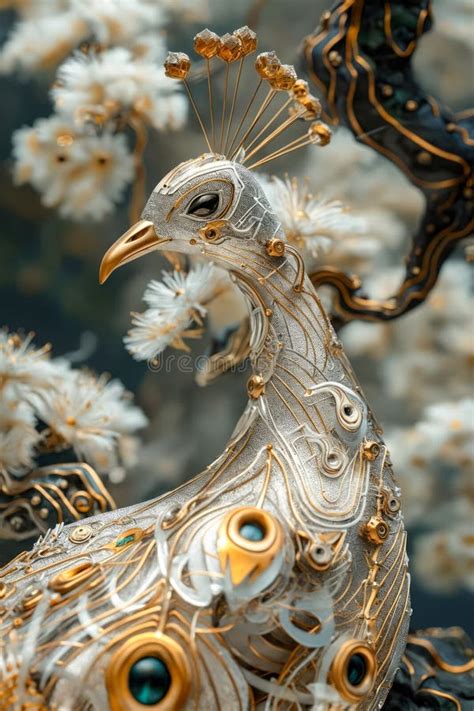 A Peacock Made Out Of Gold And Silver Metal With Blue Eyes Generative
