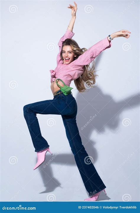 Movement Model Fashion Woman In Pink Shirt And Jeans Young Glamour