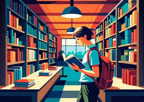 Young Student Reading In A Library Filled With Books Premium Ai