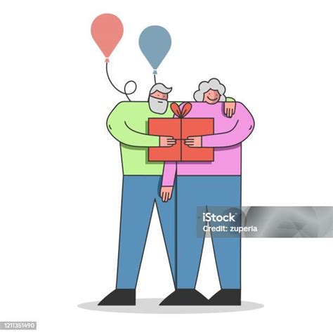 생일 축하 개념입니다 선물 상자와 풍선 노인 남자는 여자에게 선물을 준다 행복한 사람들은 서로를 껴안습니다 만화 선형 윤곽선