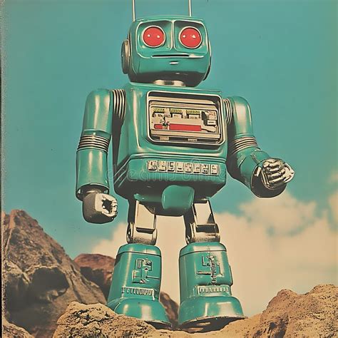 Vintage Green Robot Toy Standing On Rocks With A Blue Sky Background