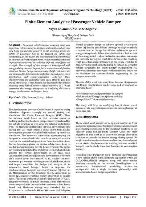 Irjet Finite Element Analysis Of Passenger Vehicle Bumper Pdf Physics Science