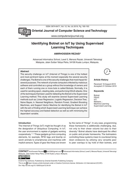 Pdf Identifying Botnet On Iot By Using Supervised Learning Techniques