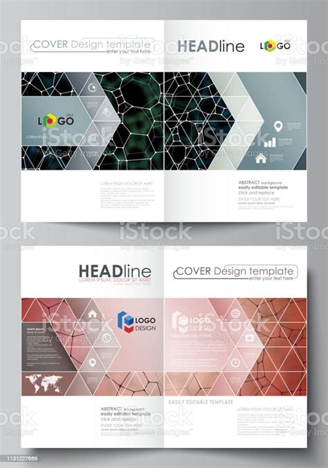 Bi 접기 브로셔 전단지에 대 한 비즈니스 템플릿 표지 디자인 서식 파일 A4 크기의 벡터 레이아웃입니다 화학 패턴 분자 질감 다각형 분자 구조 세포 의학 미생물학 개념 0