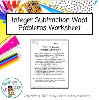 Integer Subtraction Word Problems Worksheet Printable TPT